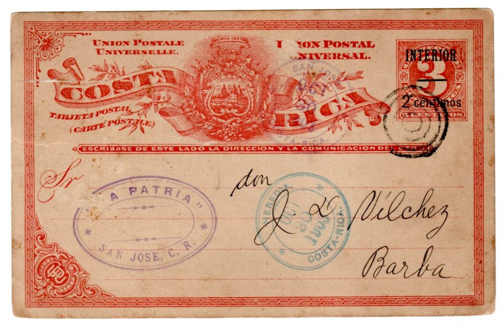 Costa Rica 1903 Surcharged Postal Card To Barba - Costa Rica Stamps